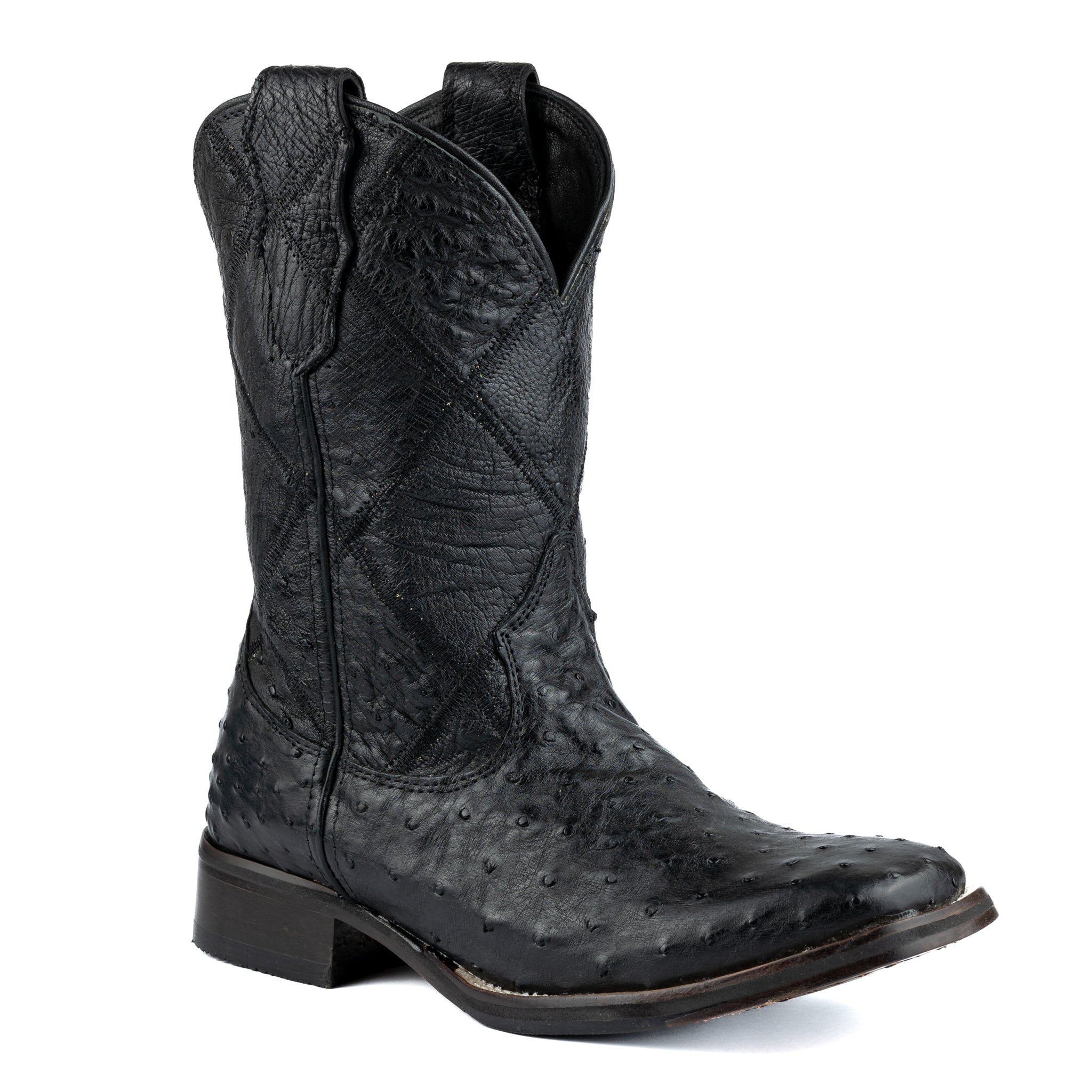 Bota de Couro de Avestruz Cheio Strut Cano Manta Preta