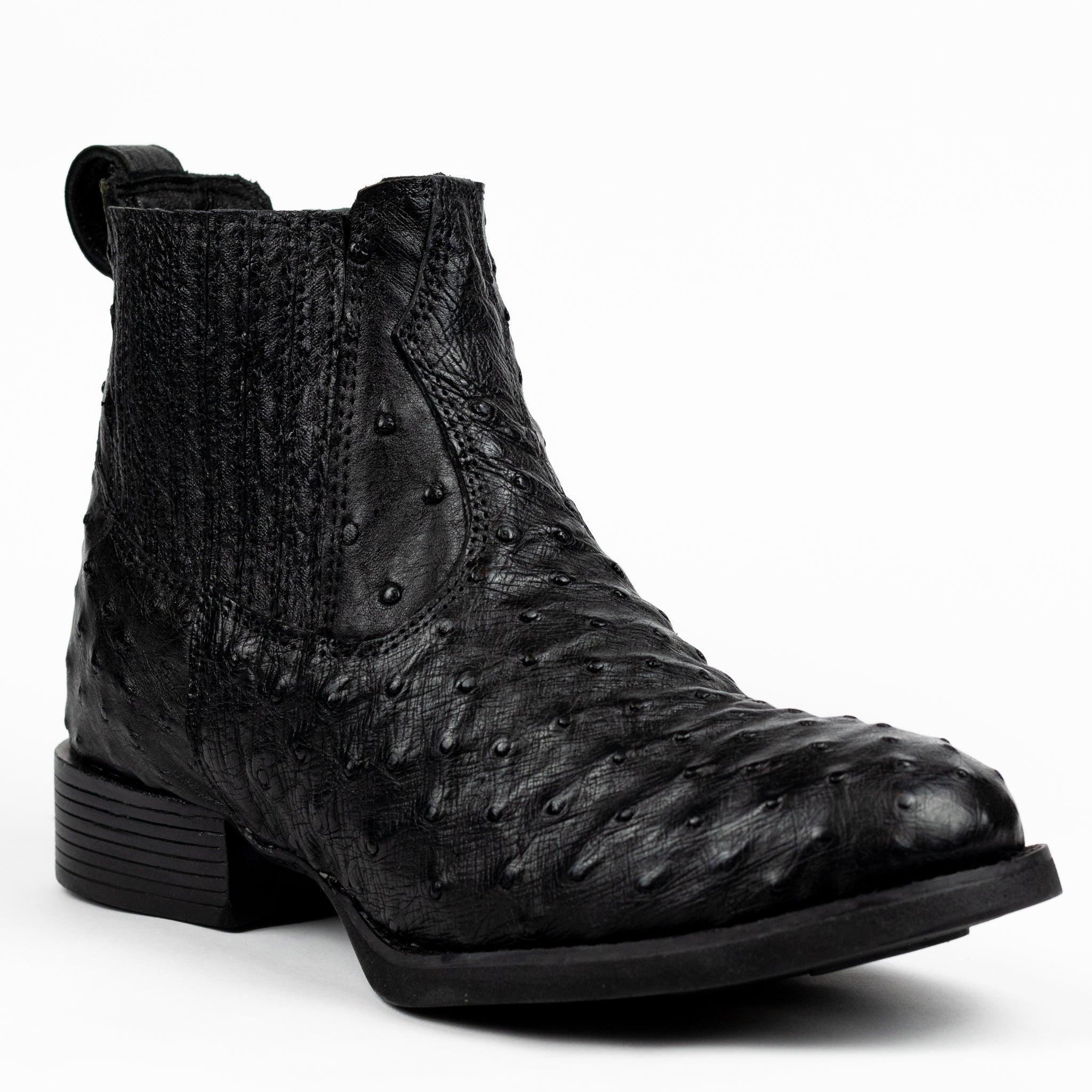 Men's Strut Boot in Full Ostrich Leather Round Toe Black